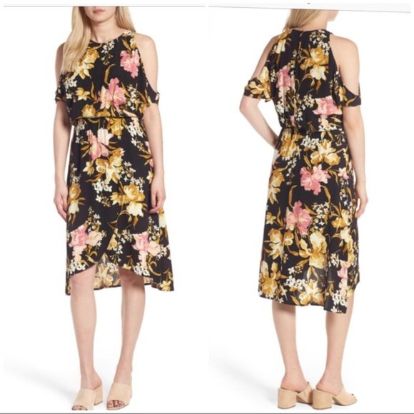 Leith | Dresses | Leith Cold Shoulder Dress In Black Mixed Flower Print ...